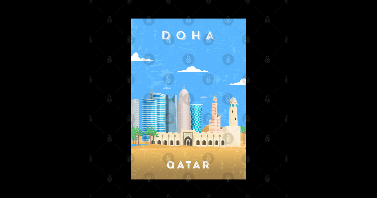Doha, Qatar - Retro travel minimalist poster - Qatar - Sticker | TeePublic