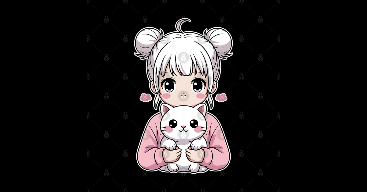 Anime Cute Girl and Cat - Anime Lover - Sticker | TeePublic