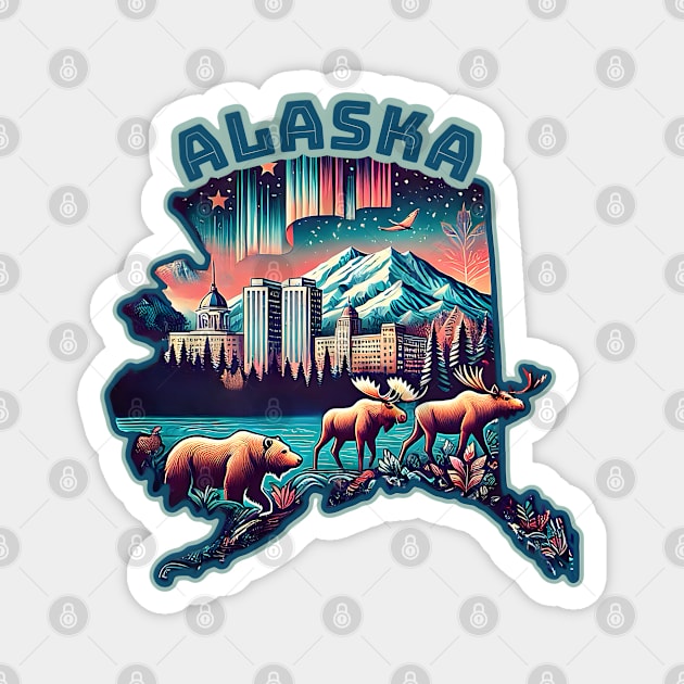 Alaska State Map Skyline and Landmarks Illustration - Nature and ...