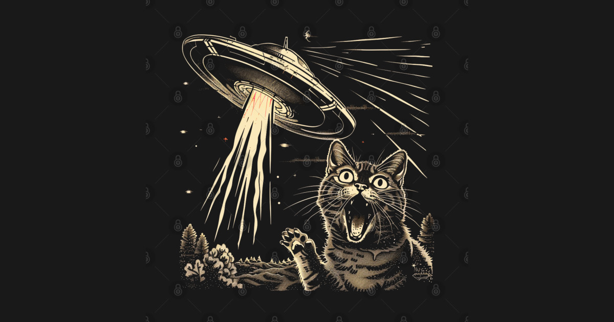 Shocked Cat and UFO Invasion - Funny Cat - T-Shirt | TeePublic