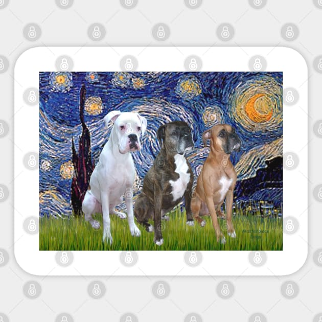 Starry Night with Three Boxers (natural ears) - Boxer Dog - Sticker ...