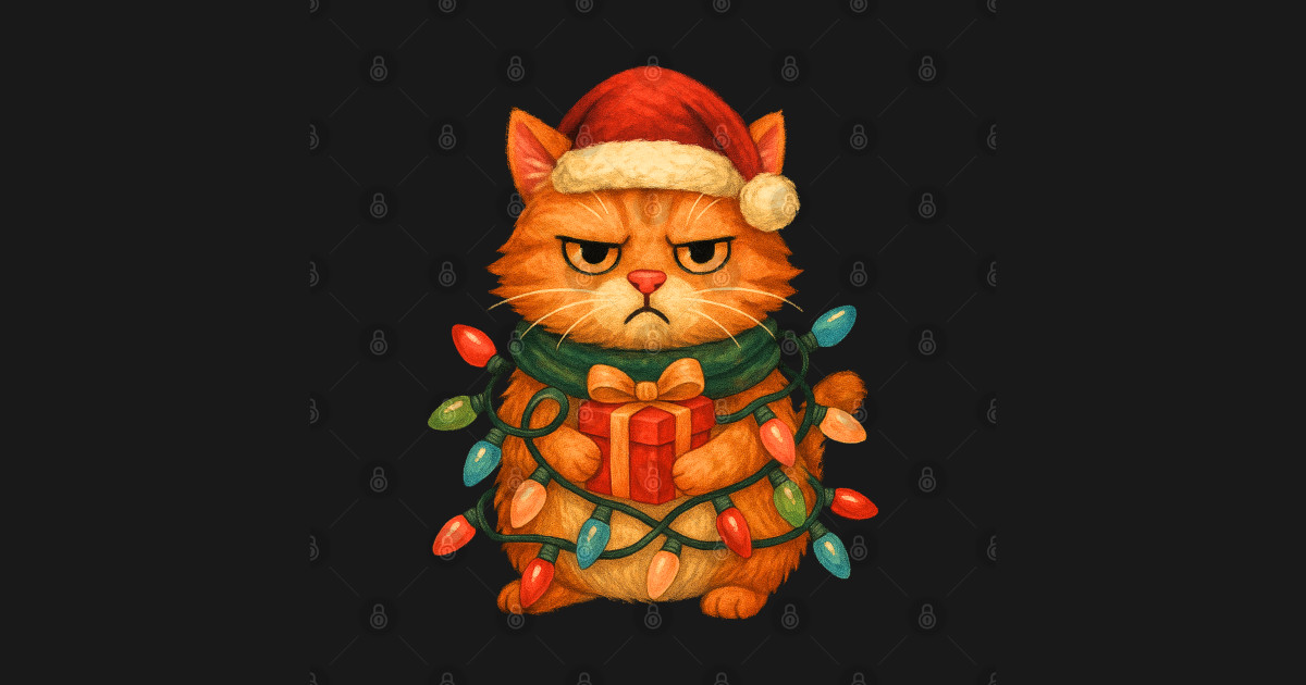 Angry Orange Christmas Cat Wrapped in Lights Holding Gift | Funny Xmas ...