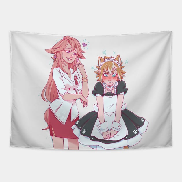 Gorou Maid with Yae Miko - Genshin Impact - Tapestry | TeePublic