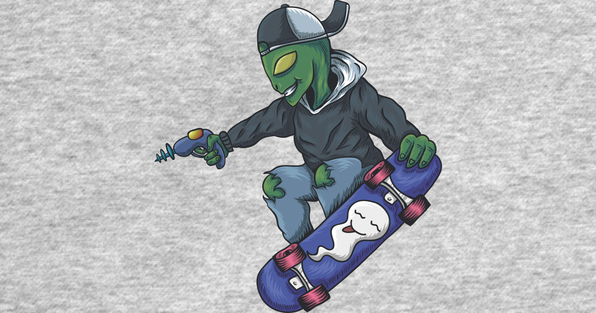 Alien Skateboarder with Ray Gun - Alien Skater - T-Shirt | TeePublic