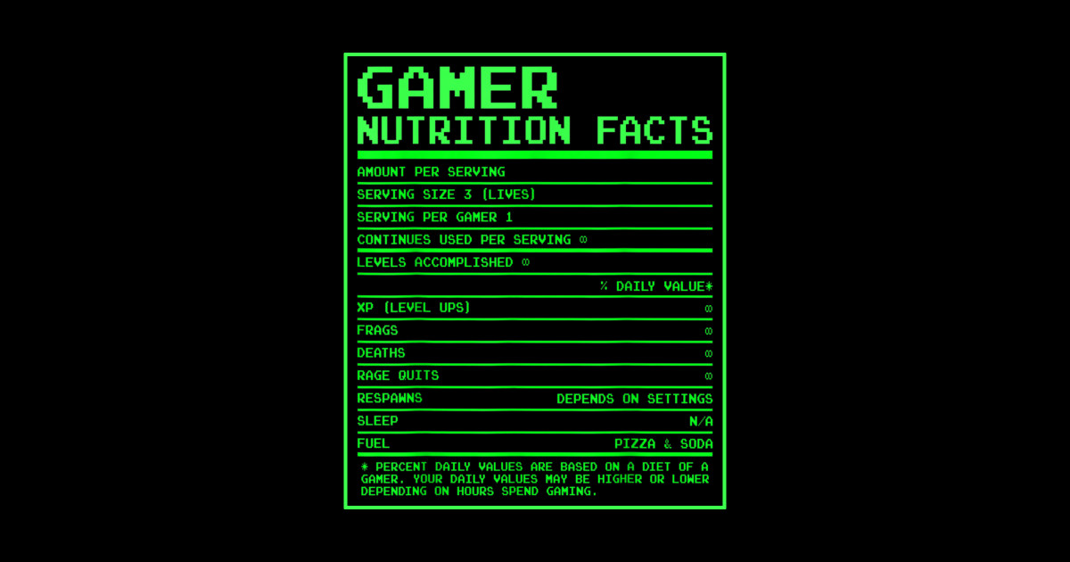 Gamer Nutritional Facts - Funny Gamer Video Game - Gamer Nutritional ...