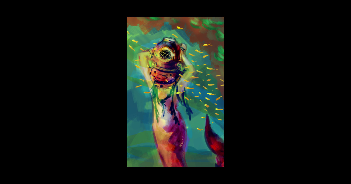 Mermay Mermaid stuck in a deepsea diver helmet undersea underwater ...