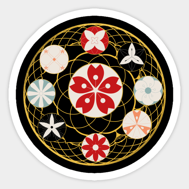 Japanese Holy Flowers in Golden Circle - Flowers - Sticker | TeePublic