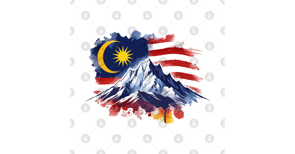 Mount Kinabalu Watercolor Art with Malaysian Flag 2 - Malaysia - T ...