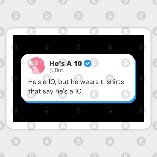 He's a 10 but wears t-shirts that say he's a 10 - Hes A 10 But - Magnet ...