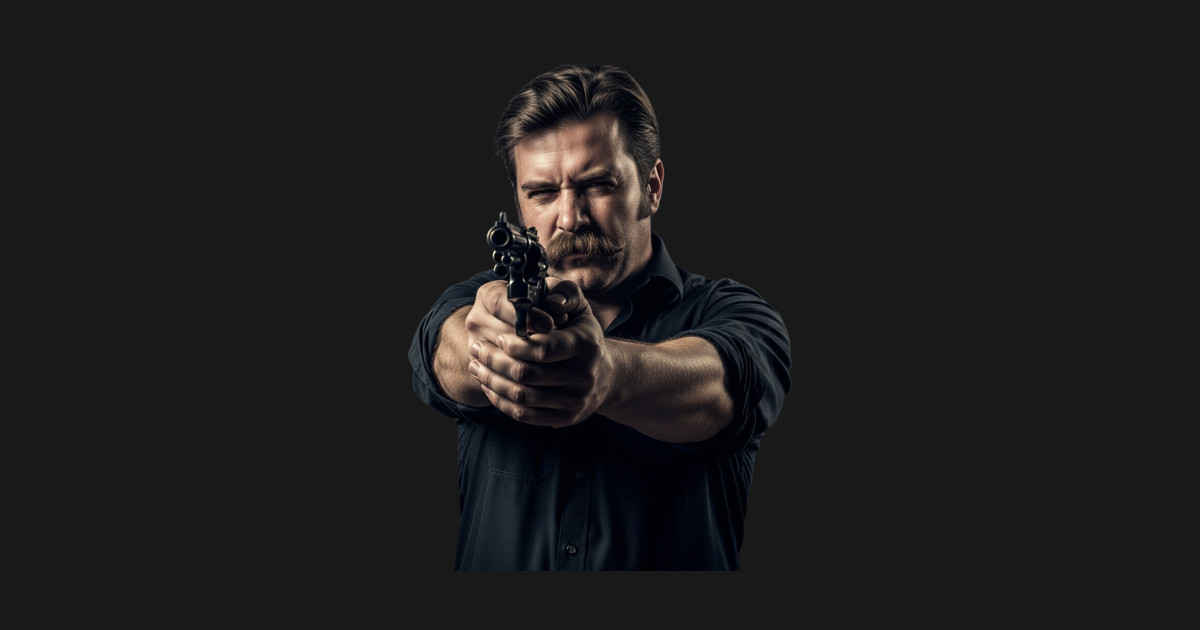 Intense Man with Large Mustache Holding Gun Aimed at the Viewer Retro ...