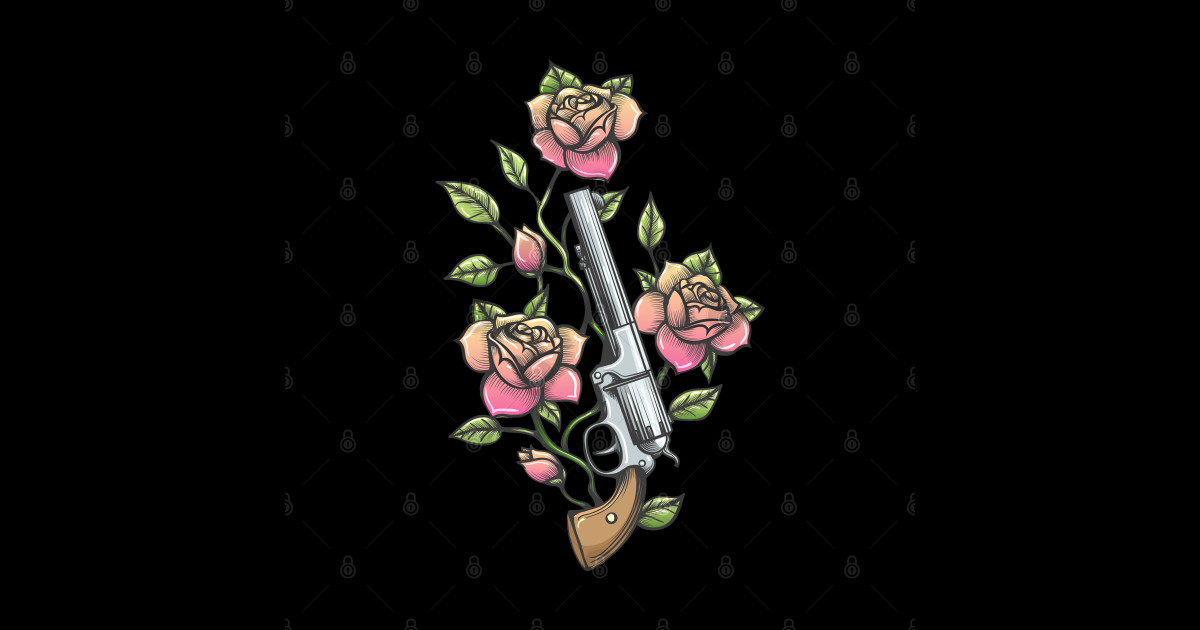 Revolver with Branch of Rose flower drawn in Tattoo style. Vector ...
