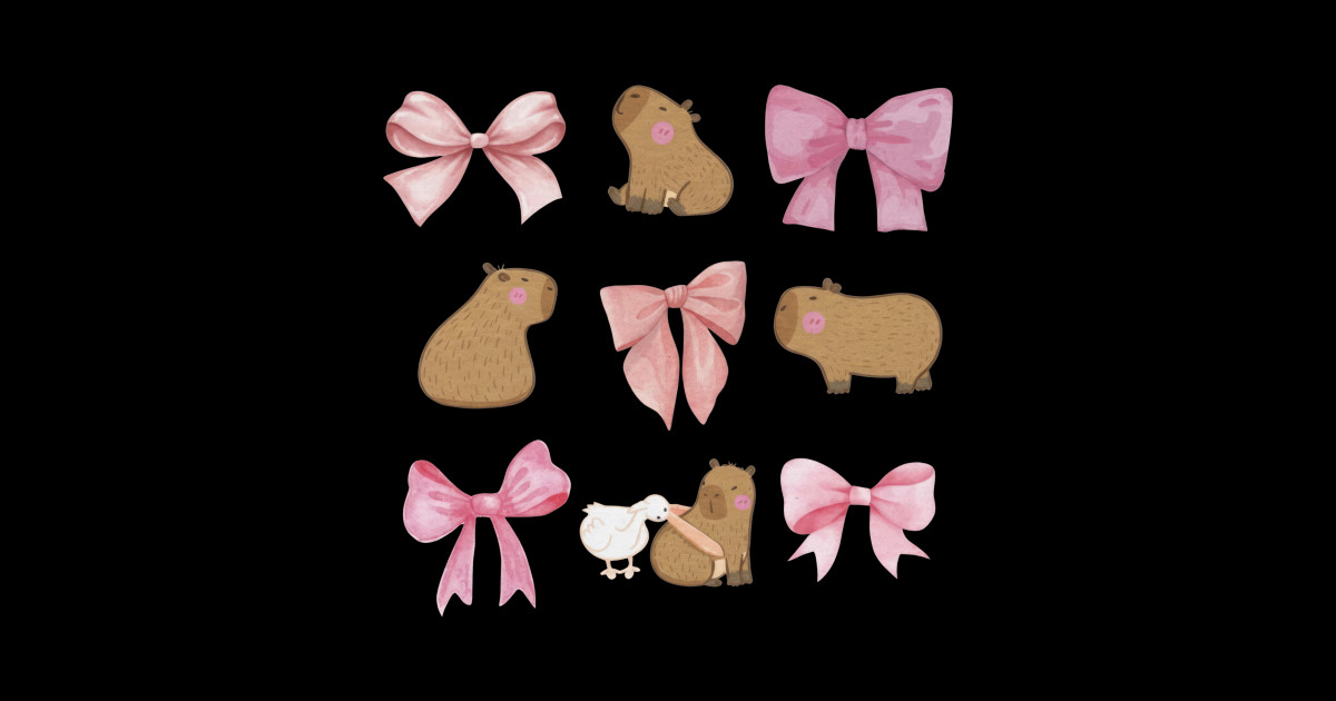 Cute Capybaras and Pink Bows Watercolor Set - Kawaii Capybara - Sticker ...