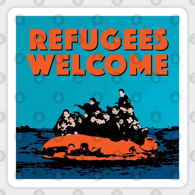 REFUGEES WELCOME - COLOURFUL ILLUSTRATION SHOWING REFUGEES ON A SMALL ...