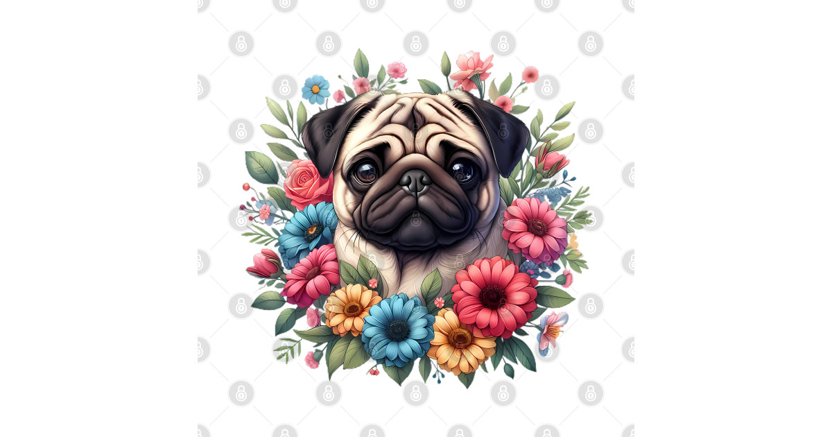 A pug decorated with beautiful colorful flowers. - Pug Dog - T-Shirt ...