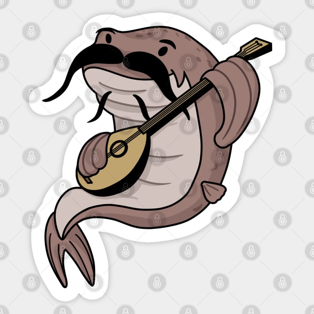Catfish playing lute cartoon - Catfish - Sticker | TeePublic