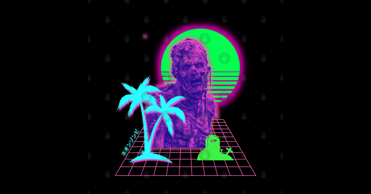 Neon Zombie Vaporwave Synthwave Sunset - Zombie Funny - Sticker | TeePublic