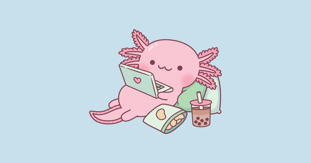 Cute Axolotl Chilling with Laptop And Snacks - Cute Axolotl - T-Shirt ...