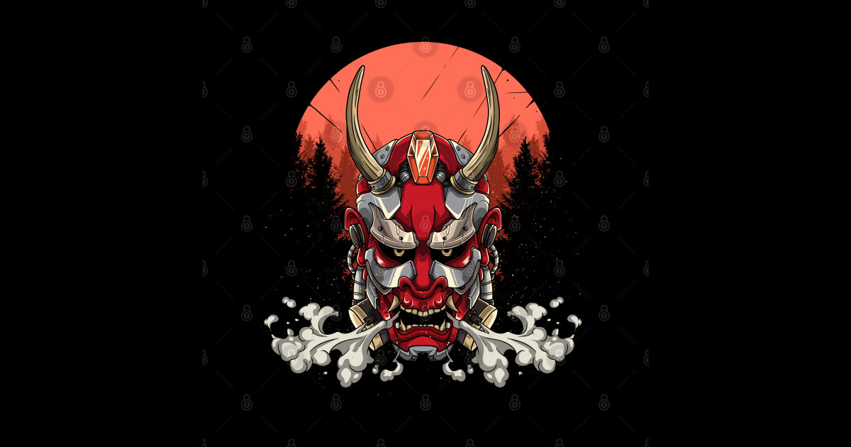 Mecha Oni Mask Red Sky Artwork - Oni Mask - Posters and Art Prints ...