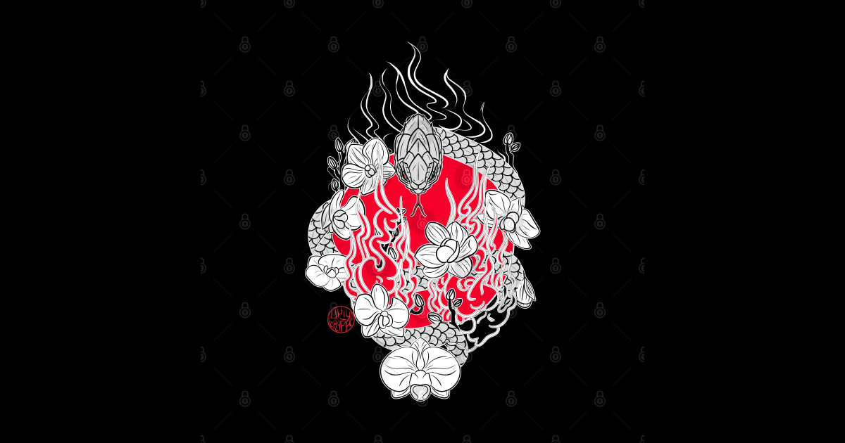 Japanese snake and orchids - Snake - Sticker | TeePublic
