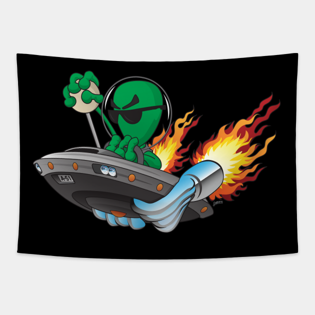 UFO Alien Hot Rod Cartoon Illustration - Ufo - Tapestry | TeePublic