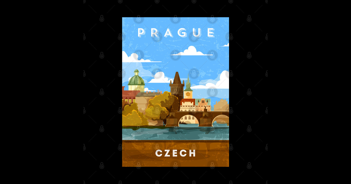 Prague, Czech.Retro travel poster - Prague Czech Republic - Sticker ...