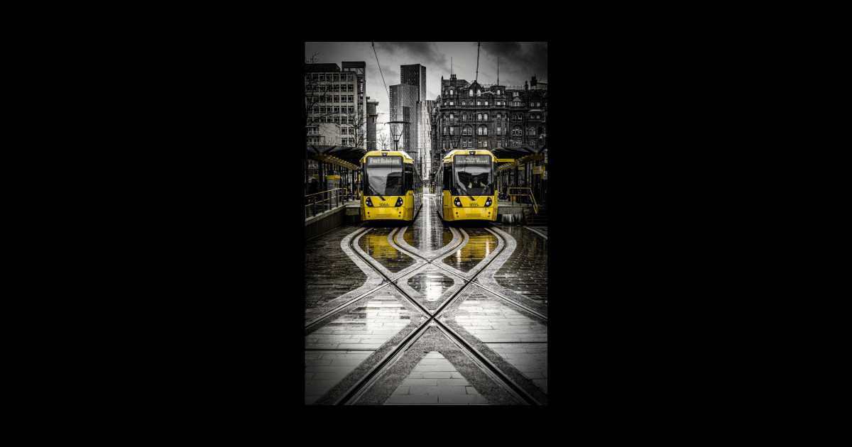 Yellow Manchester Trams at Tram Stop in Rain - City - Posters and Art ...
