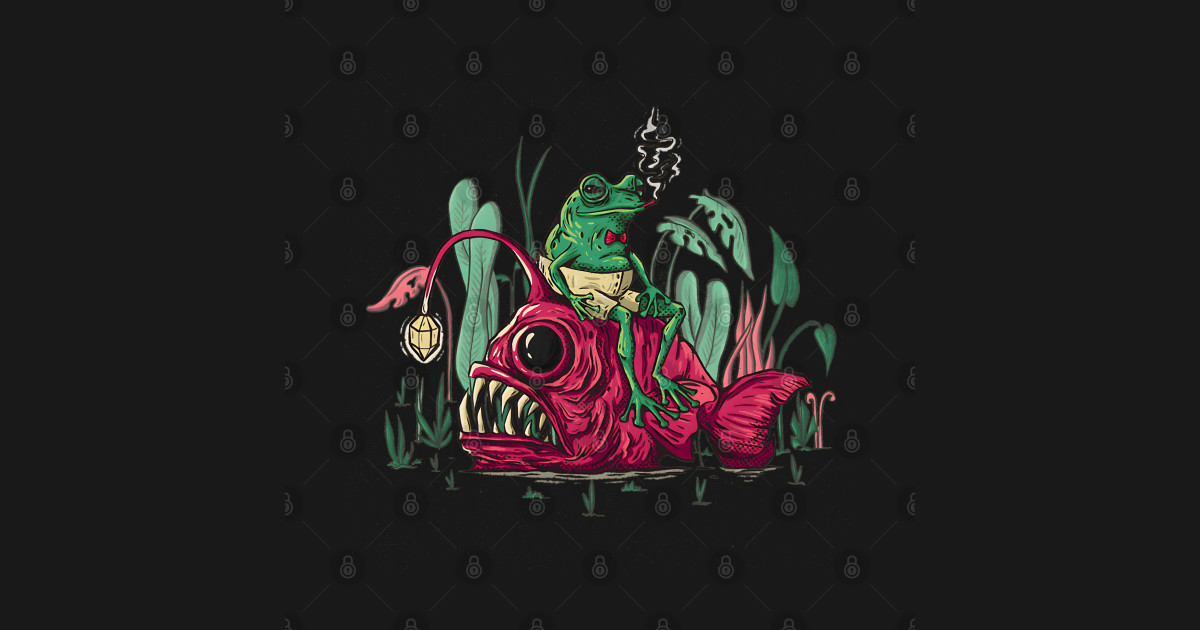 Fish With Frog - Funny Animal Art - T-Shirt | TeePublic