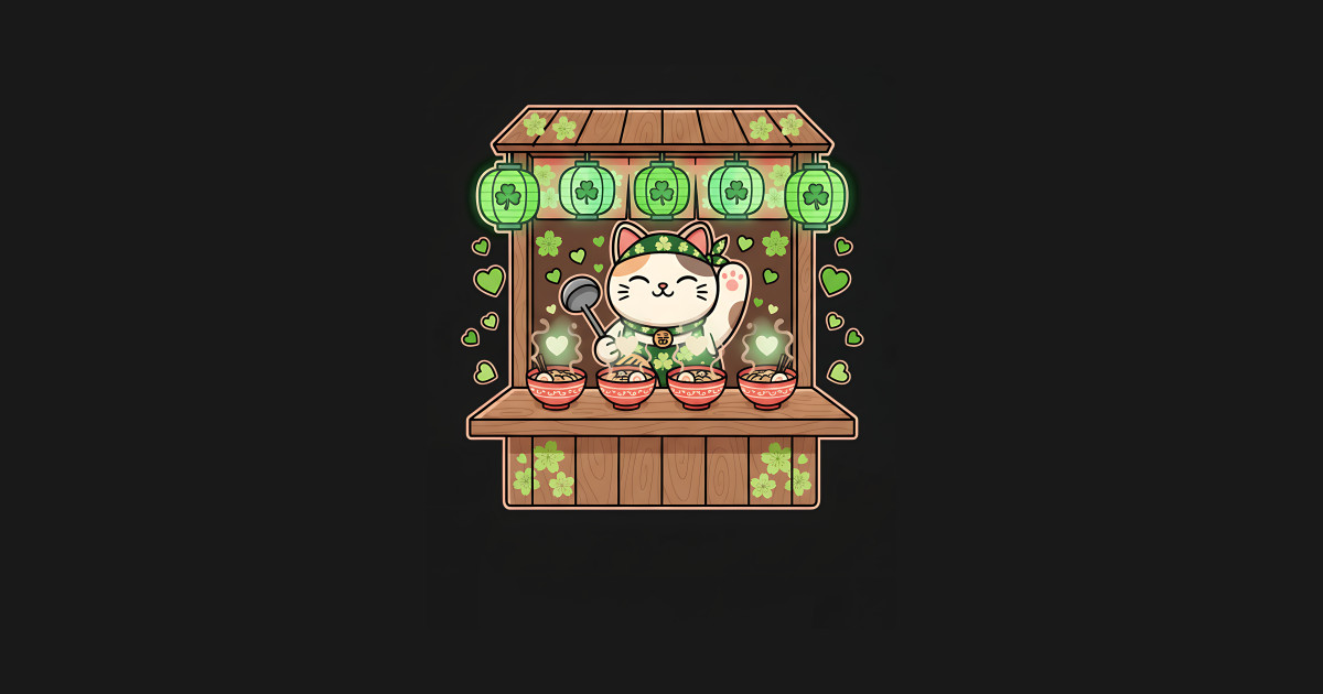 Lucky Shamrock Ramen Cat - Japanese Cat - T-Shirt | TeePublic