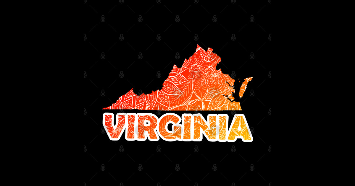 Colorful mandala art map of Virginia with text in red and orange ...