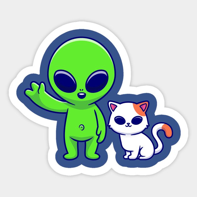 Cute Alien with Cat Cartoon - Cute Alien With Cat Cartoon - Sticker ...