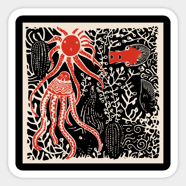 Underwater Lino Cut - Lino Cut - Sticker | TeePublic