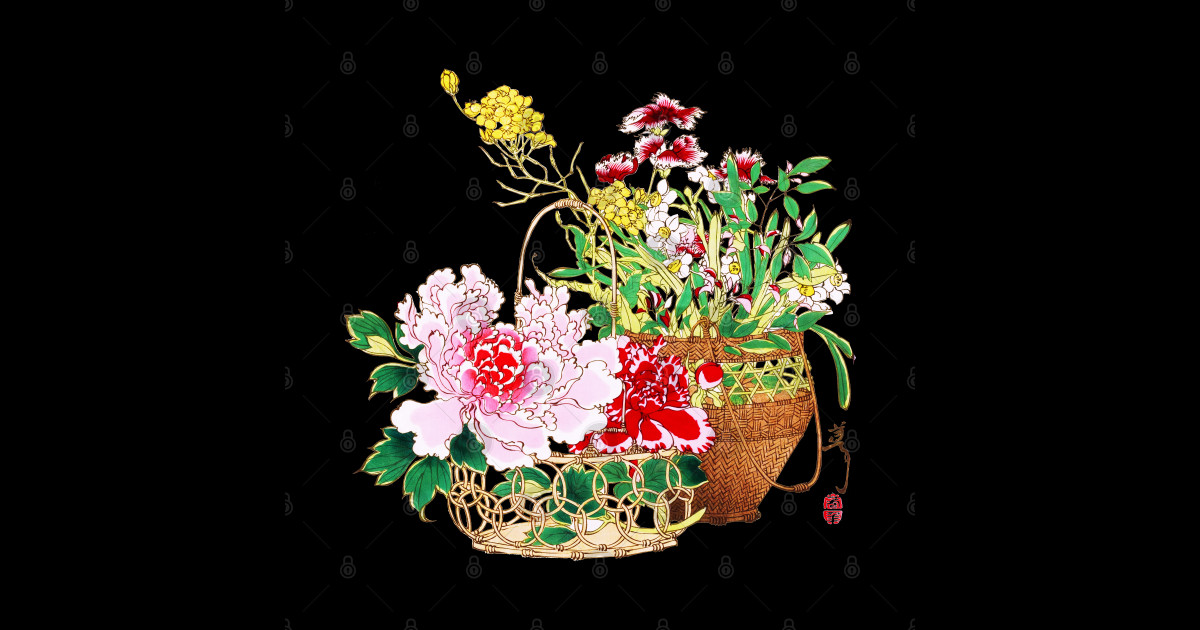 Japanese flower basket ukiyo-e art - Japanese Flower - Sticker | TeePublic