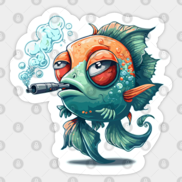 Chill Out with This Cartoon Fish Vaping - Cartoon Fish Smoker - Sticker ...