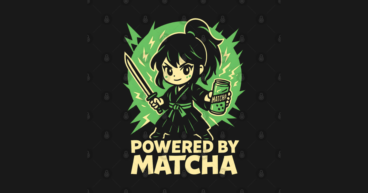 Powered by Matcha Samurai Chibi Anime - Matcha - T-Shirt | TeePublic