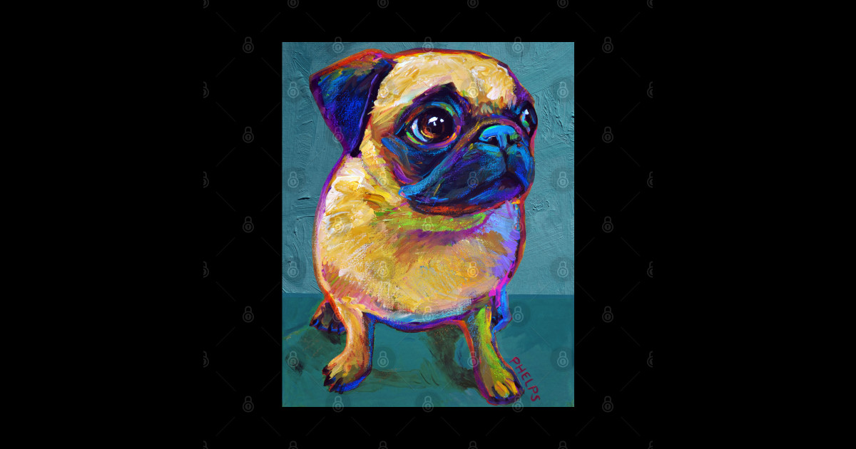 Funky Little Pug Pup on Blue - Pug - Pin | TeePublic