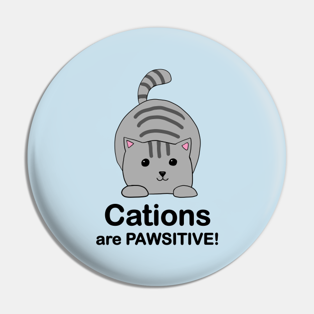 Cations Are Pawsitive! Grey Cat - Chemistry Cat Pun - Pin | TeePublic