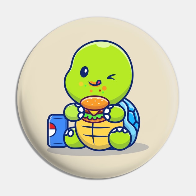 Cute Turtle Eating Burger And Soft Drink - Turtle - Pin | TeePublic