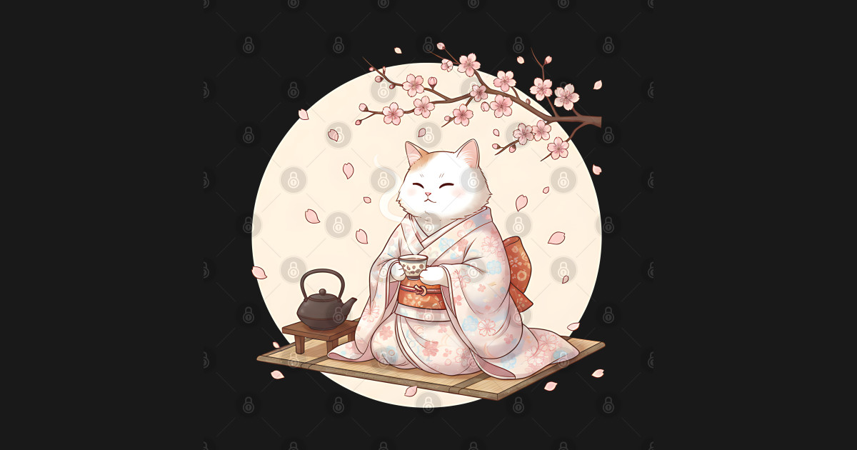 Zen Cat Tea Time – Japanese Art Style - Japanese Cat - T-Shirt | TeePublic