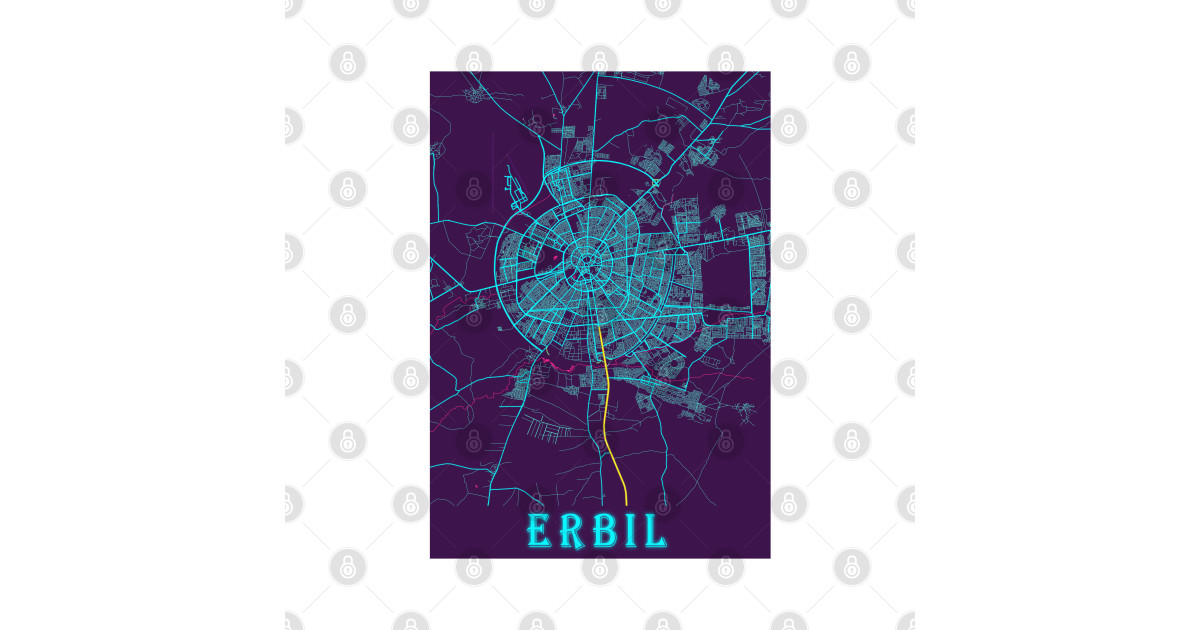 Erbil Neon City Map, Erbil Minimalist City Map Art Print - Erbil Neon ...