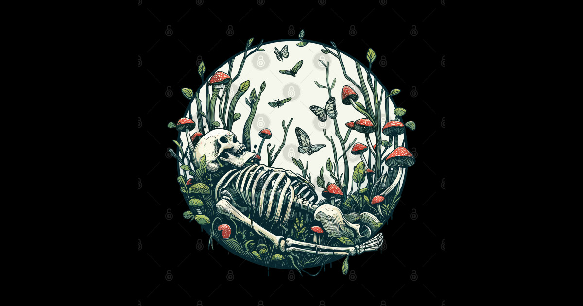 Botany mushroom skeleton and butterflies - Skeleton - Sticker | TeePublic