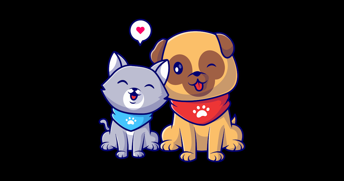 Cute Pug Dog And Cute Cat Siting Together Cartoon - Cute Pug Dog And ...