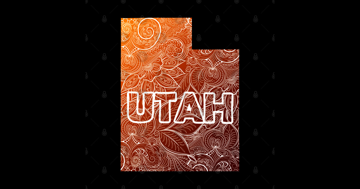 Colorful mandala art map of Utah with text in brown and orange - Utah ...
