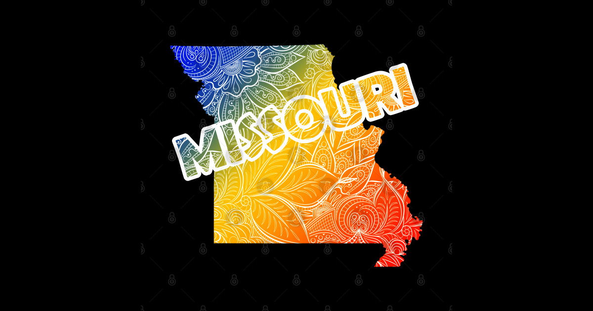 Colorful mandala art map of Missouri with text in blue, yellow, and red ...