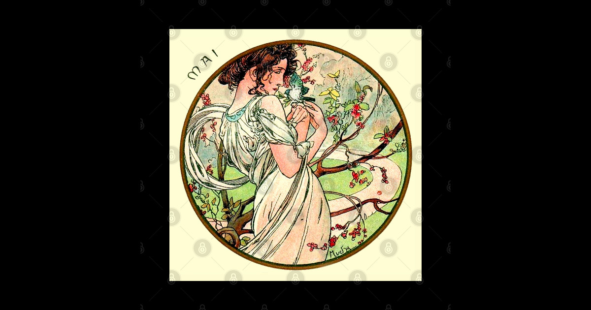 Art Nouveau May Calendar Alphonse Mucha - Art Nouveau - Sticker | TeePublic