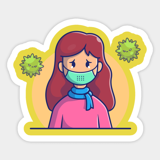 Cute Girl Wear Mask Cartoon - Flu - Sticker | TeePublic