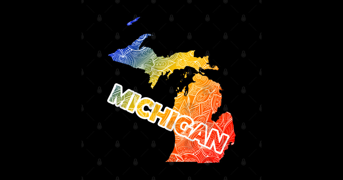 Colorful mandala art map of Michigan with text in blue, yellow, and red ...