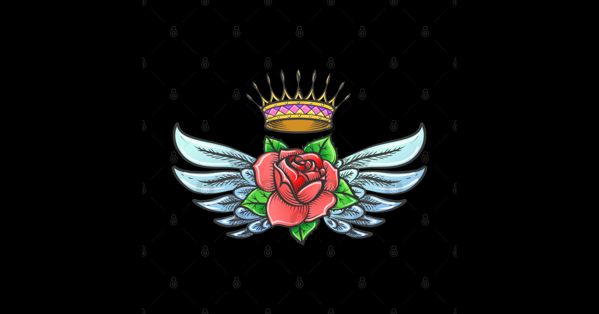 Winged Rose and Golden Crown colorful Tattoo. - Crown Old Retro Flower ...