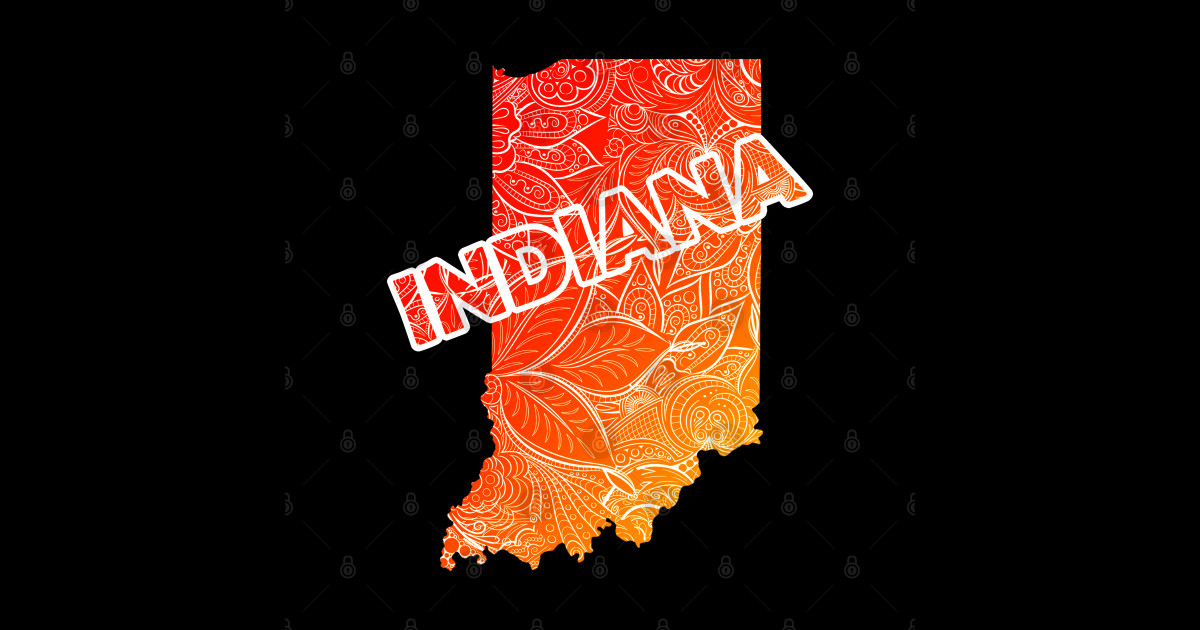 Colorful mandala art map of Indiana with text in red and orange ...