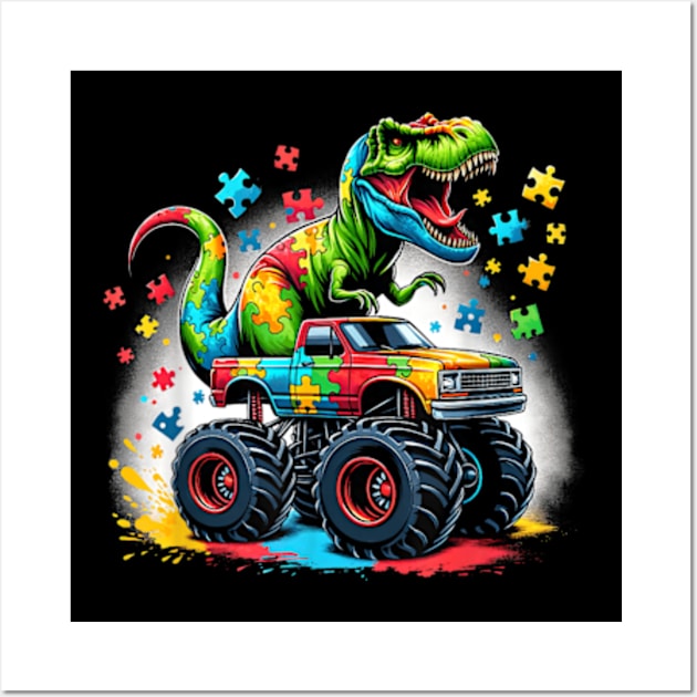 Dinosaur T Rex Riding Monster Truck Autism Awareness Boy Kid - Dinosaur ...