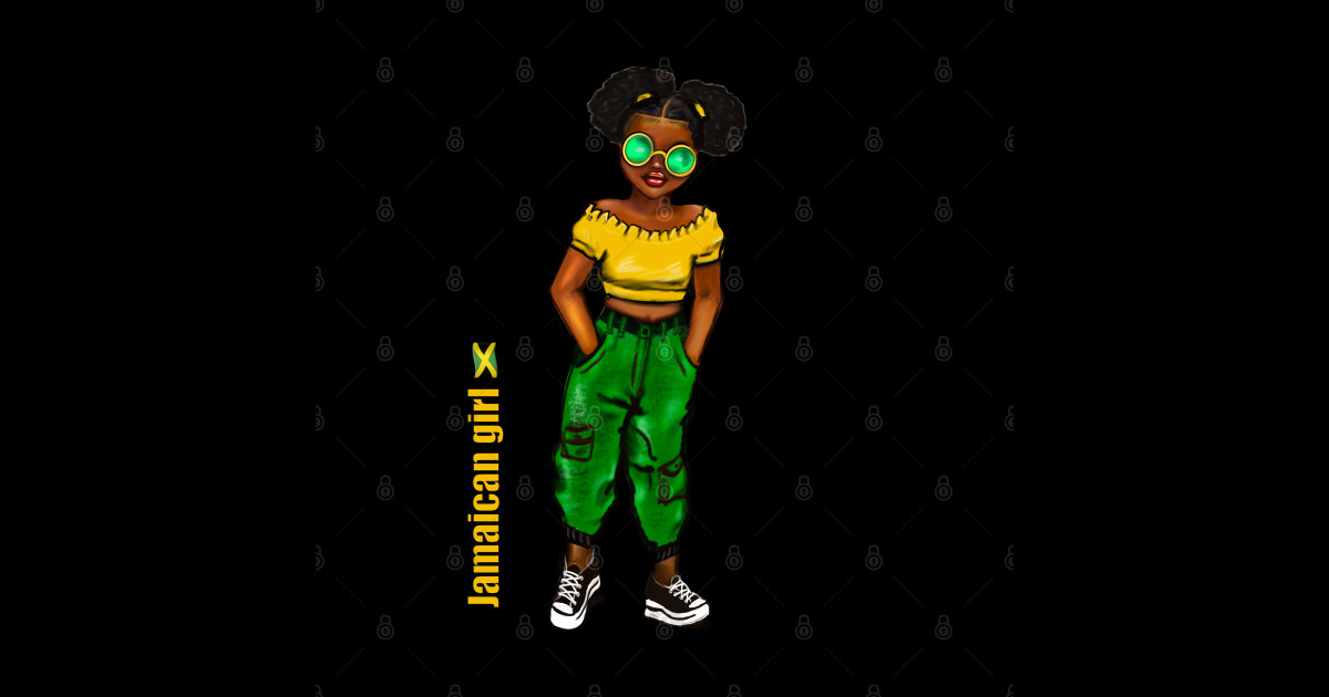 Jamaican girl in green shades with colours of Jamaican flag in black ...